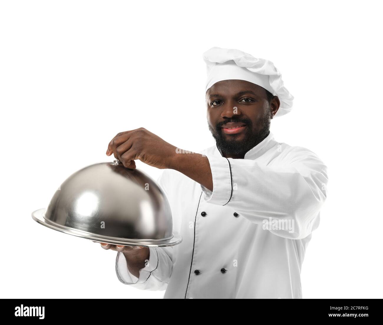 Male African-American chef with tray and cloche on white background ...