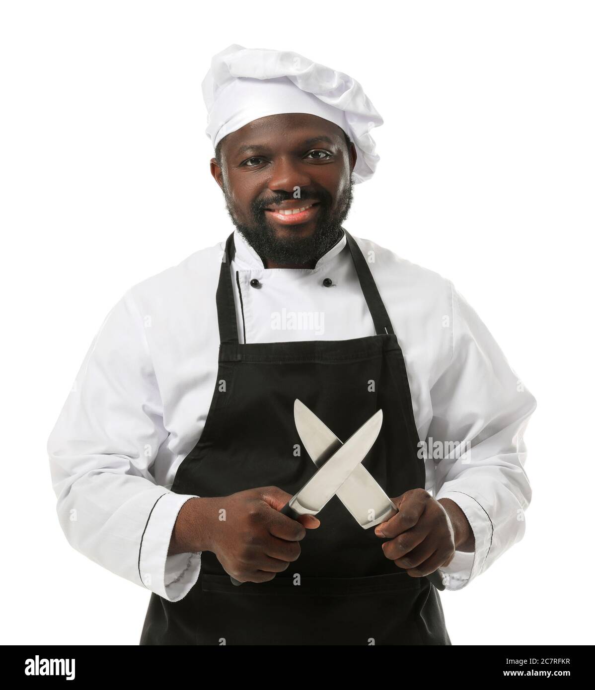 Male African-American chef with knives on white background Stock Photo ...