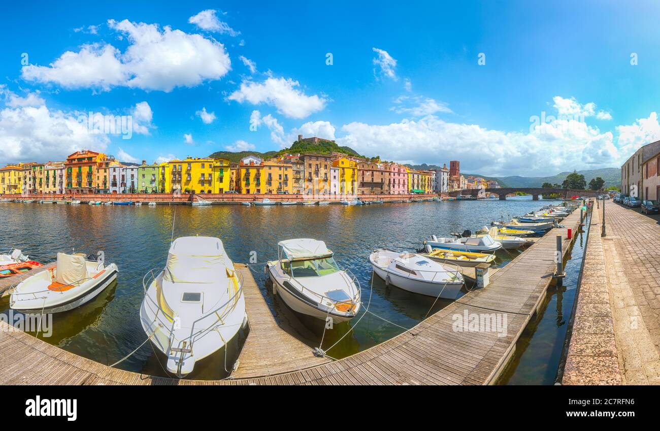 Amazing cityscape of Bosa town with Ponte Vecchio bridge across the ...