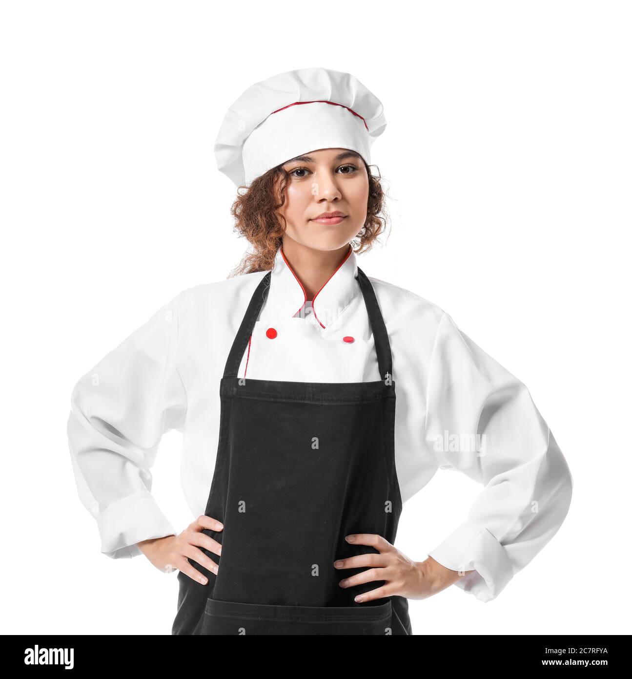 Female African-American chef on white background Stock Photo - Alamy