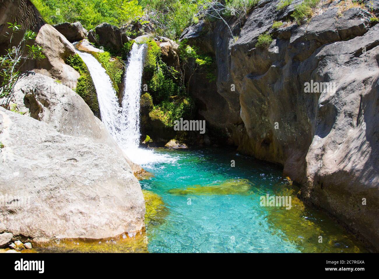 beautiful waterfall on mountain river with turquoise water in Turkey ...