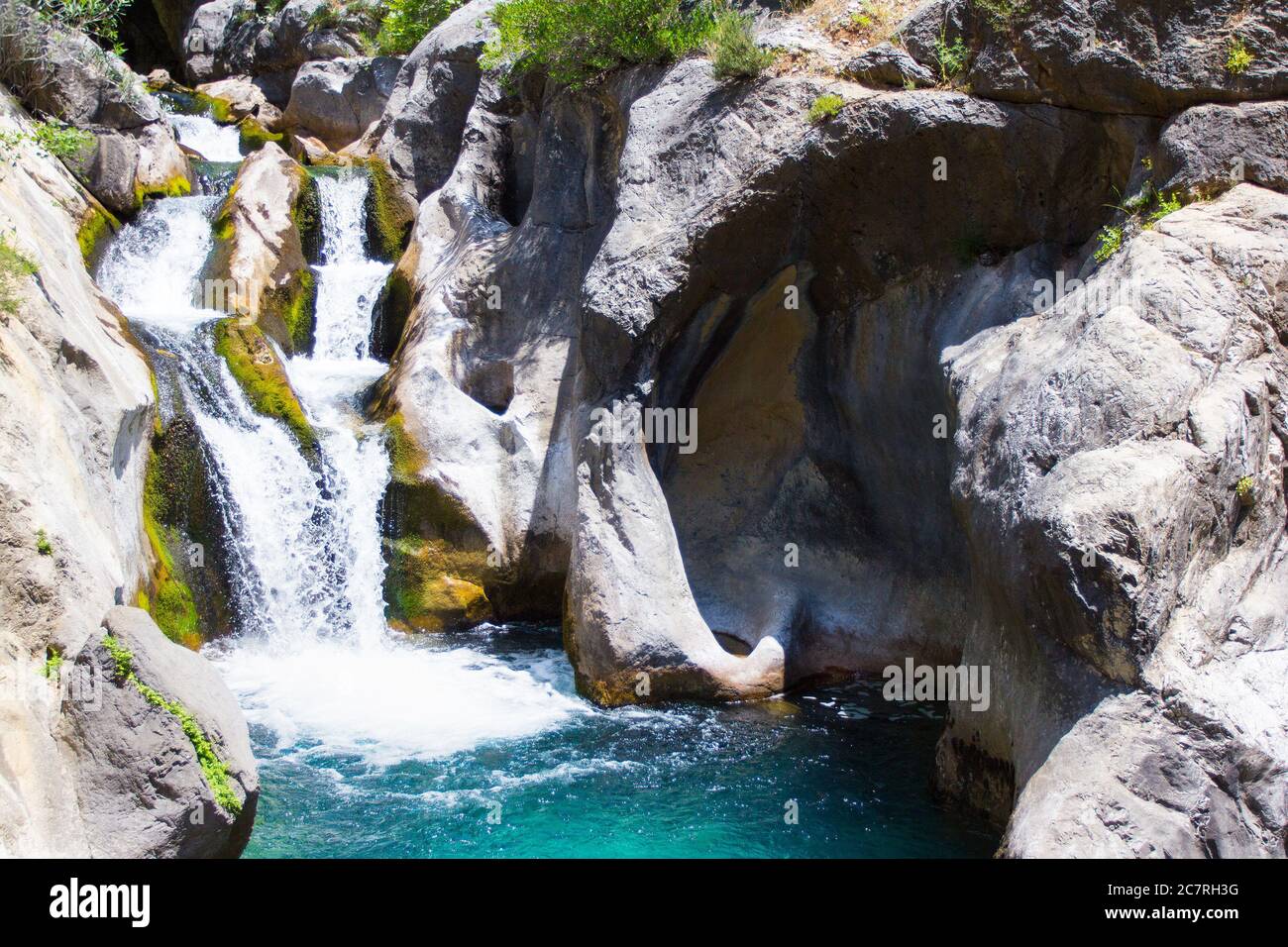 mountain river with turquoise water and beautiful waterfall Stock Photo ...