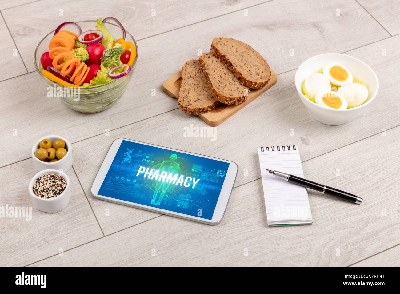PHARMACY concept in tablet with fruits, top view Stock Photo - Alamy
