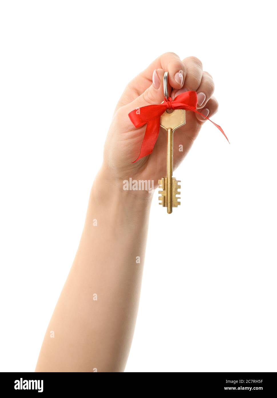 Female hand with key on white background Stock Photo - Alamy