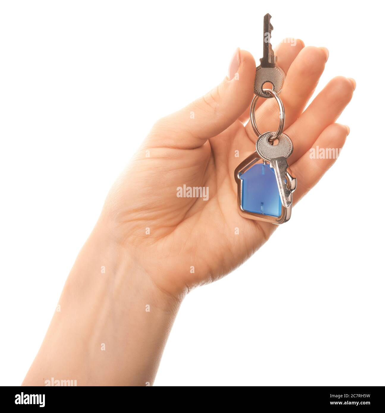 Female hand with keys from house on white background Stock Photo - Alamy