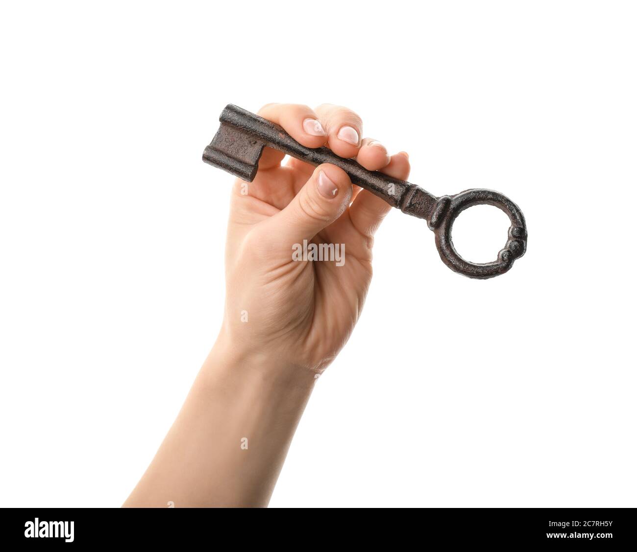 Female hand with key on white background Stock Photo - Alamy
