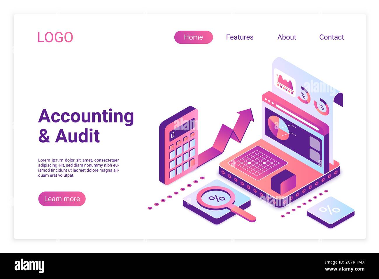 Accounting and audit isometric landing page template. Financial ...