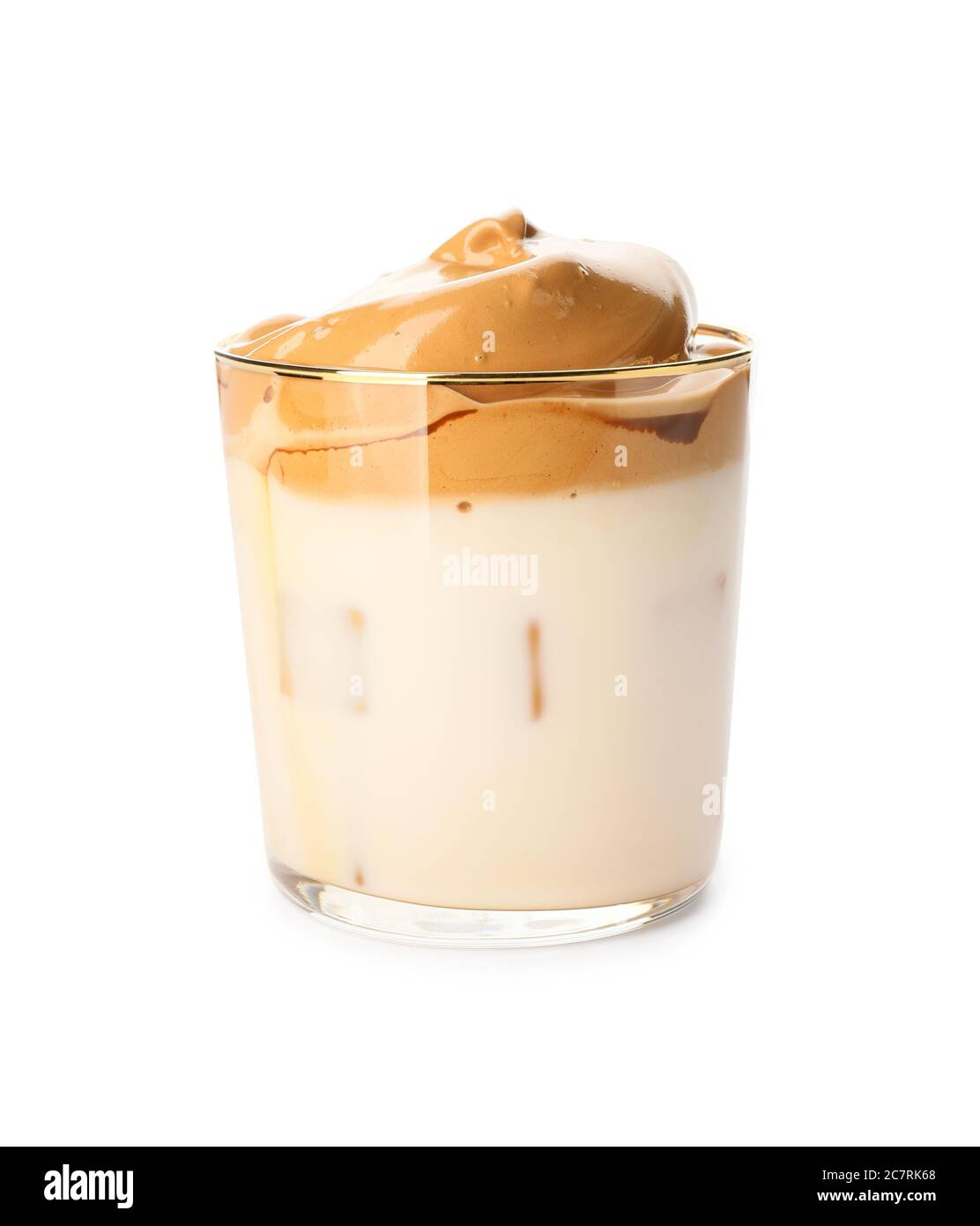 Glass of tasty dalgona coffee on white background Stock Photo - Alamy