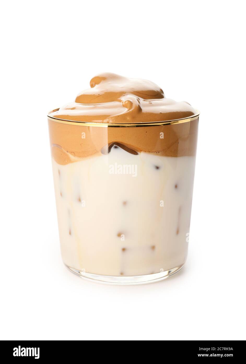 Glass of tasty dalgona coffee on white background Stock Photo - Alamy