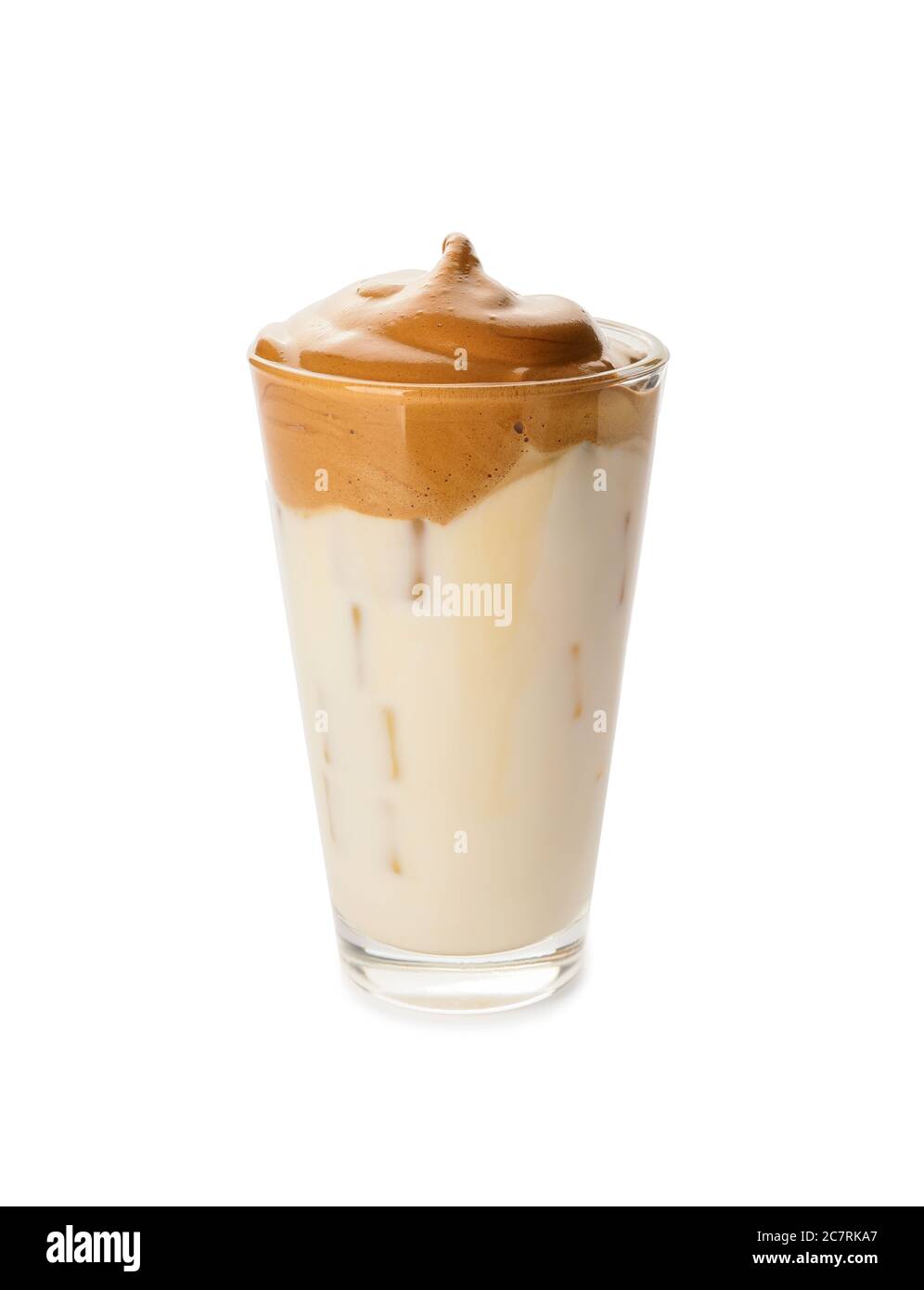 Glass of tasty dalgona coffee on white background Stock Photo - Alamy