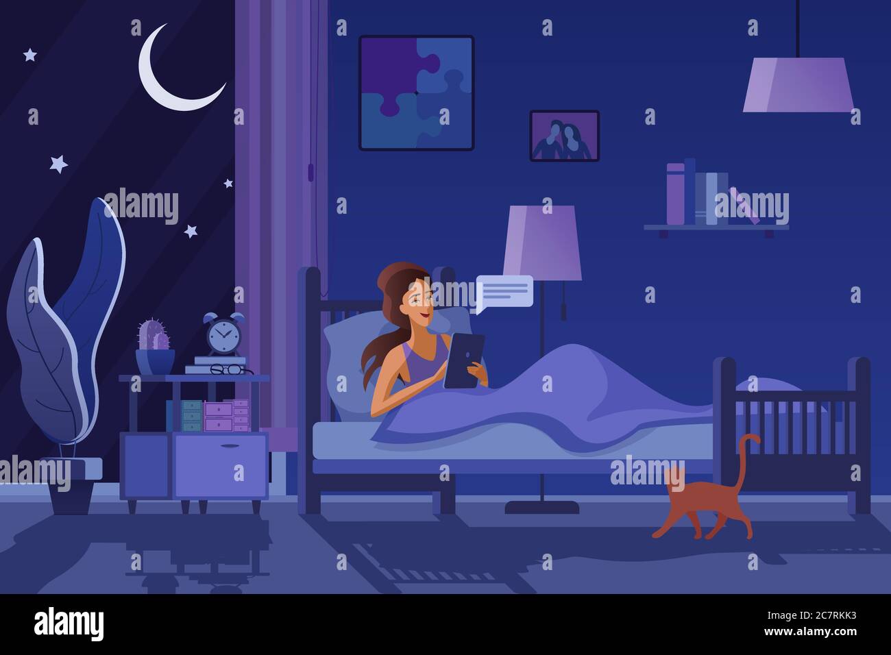 Young woman texting at night flat vector illustration. Girl in bed ...