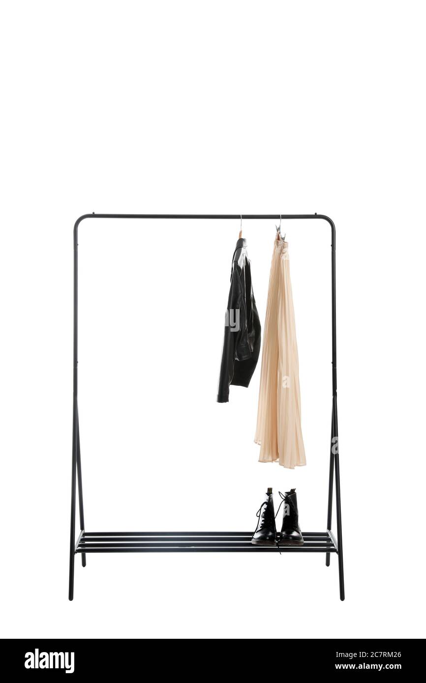 Stylish hanger with female clothes on white background Stock Photo - Alamy