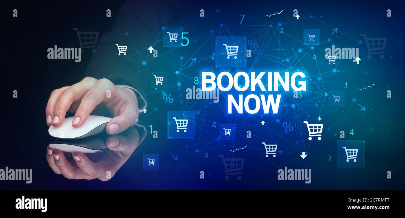 hand holding wireless peripheral with BOOKING NOW inscription, online ...