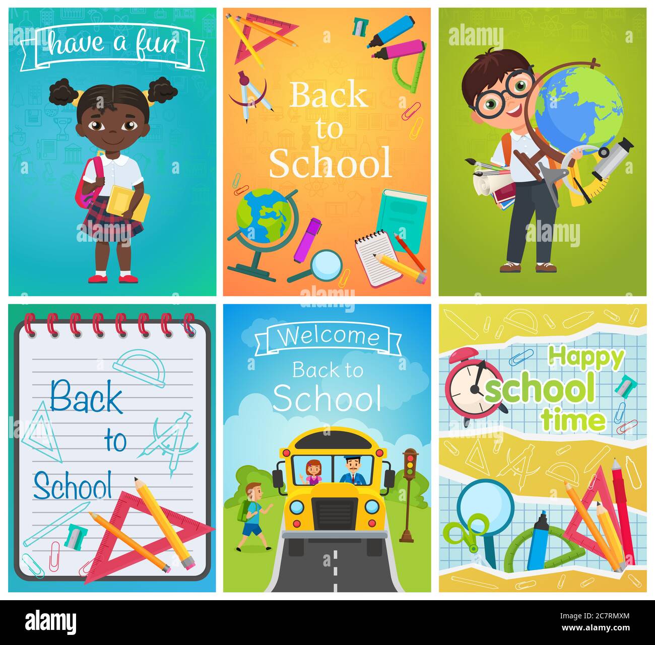 Back to school card template pages set. Education template with pupils ...