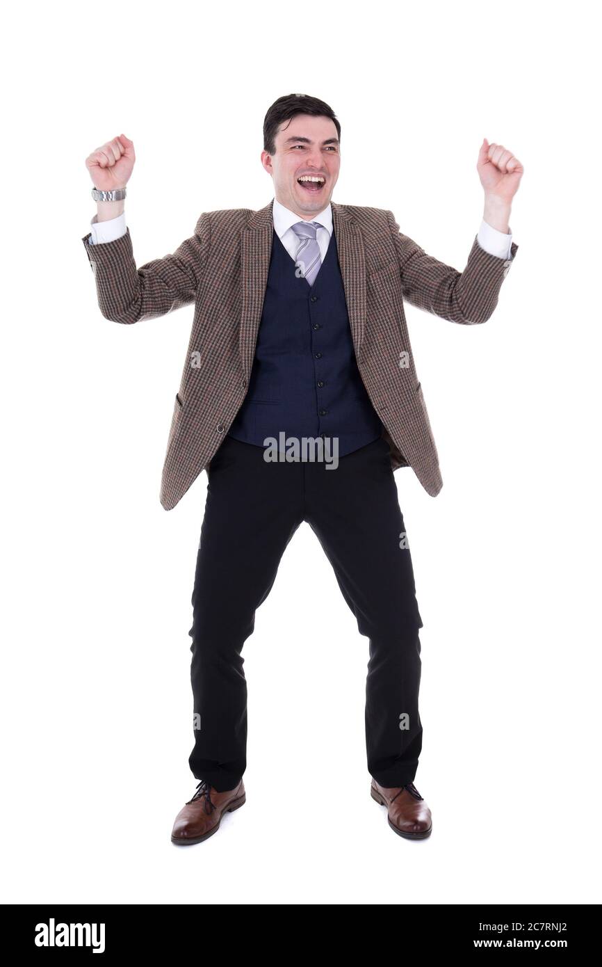 cheerful businessman celebrating something isolated on white background ...