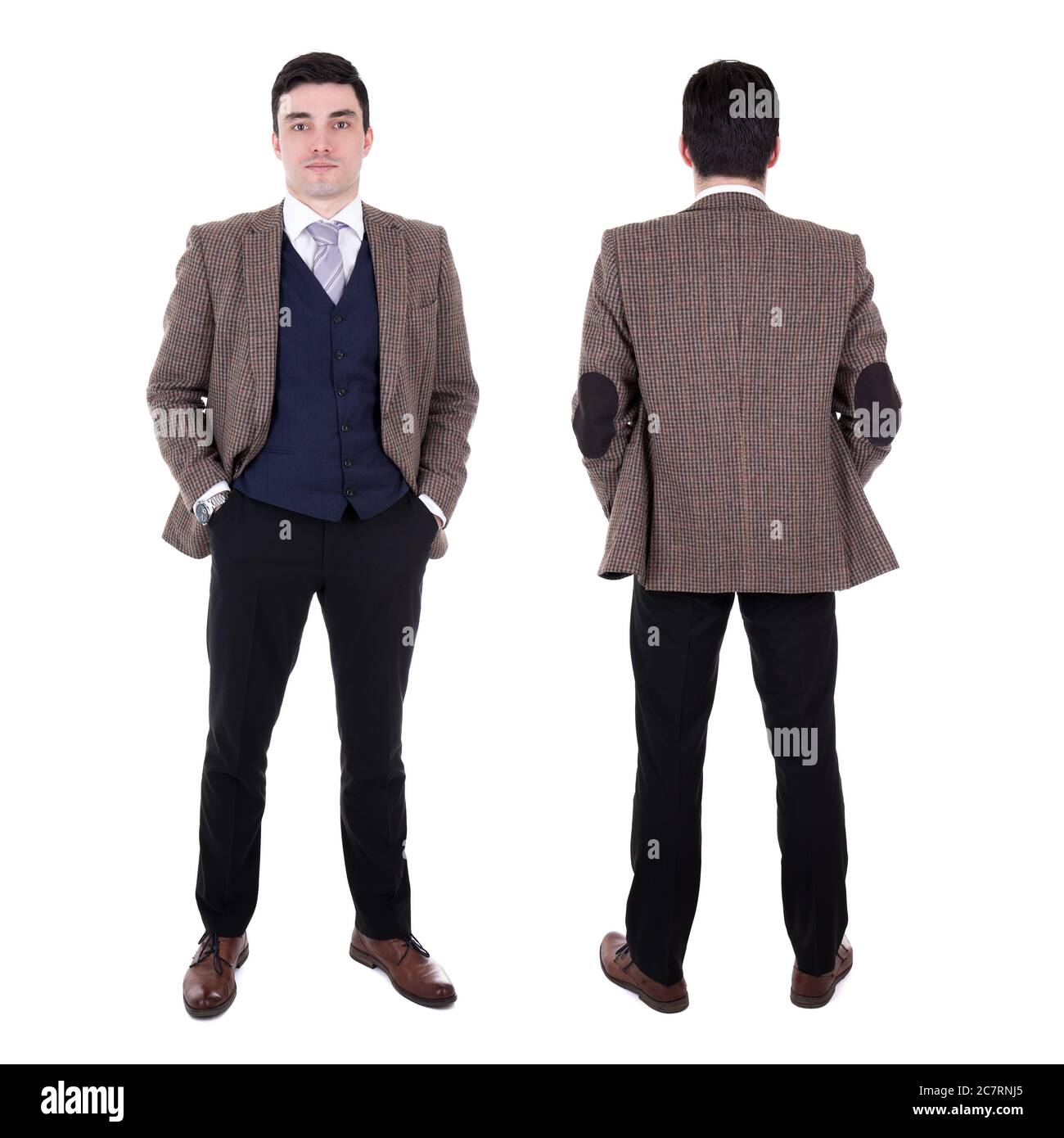 front and back view of young handsome business man isolated on white ...