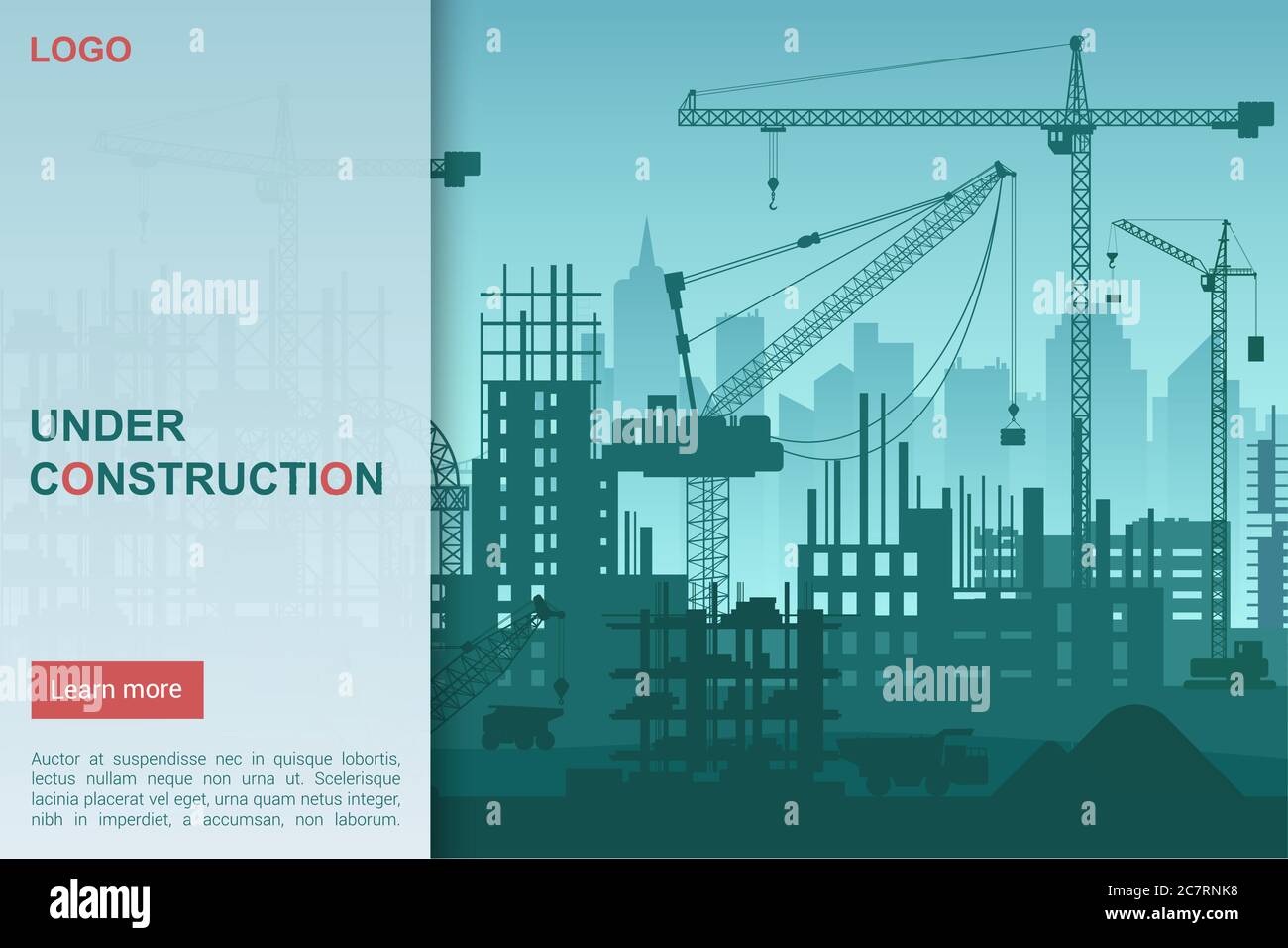 Construction works flat vector landing page template. Building cranes ...