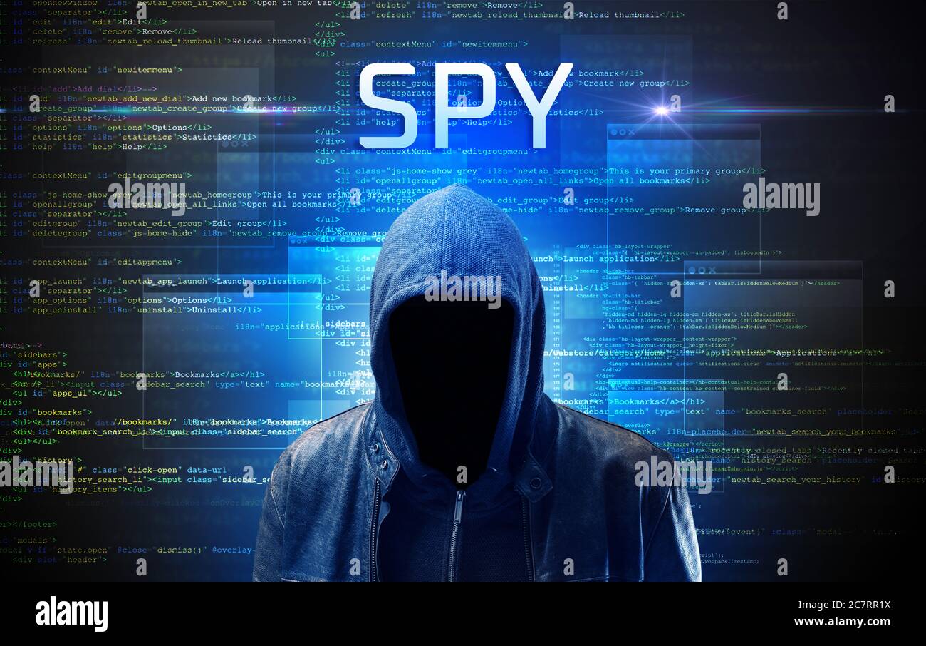 Faceless hacker with SPY inscription on a binary code background Stock ...