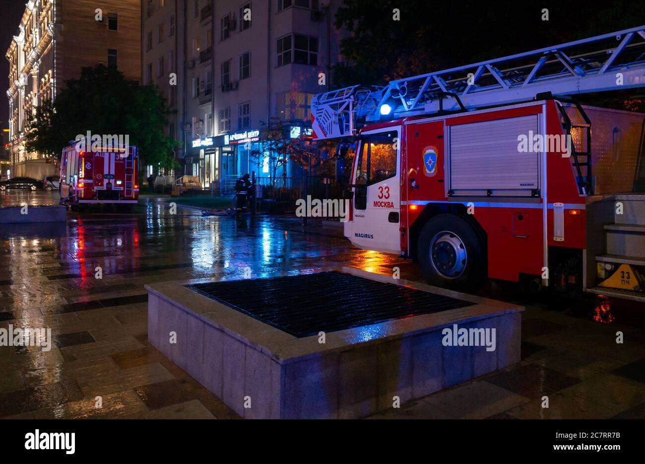 May 15, 2019, Moscow, Russia. Fire engines in the courtyard of the ...