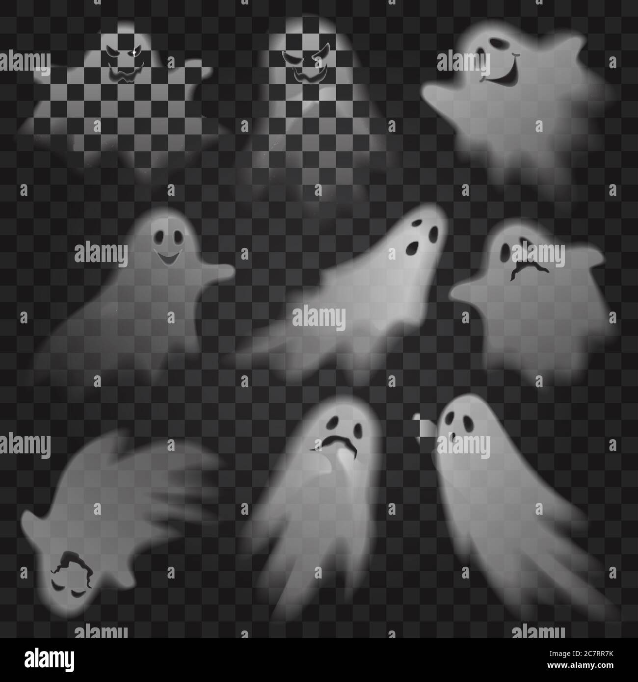 Cute scary ghosts phantoms on transparent alpha background set ...
