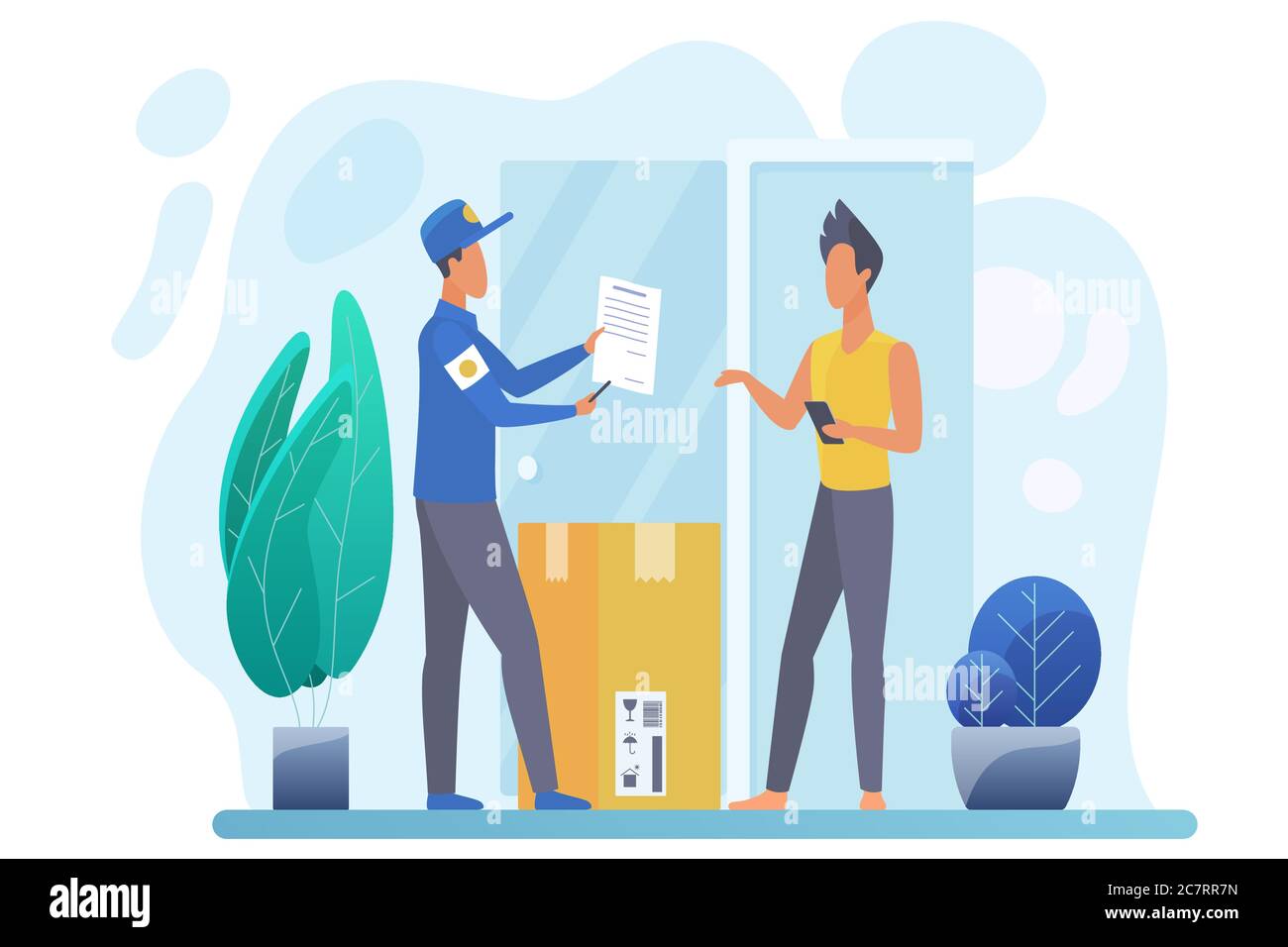 Courier delivering package flat vector illustration. Postman in uniform ...