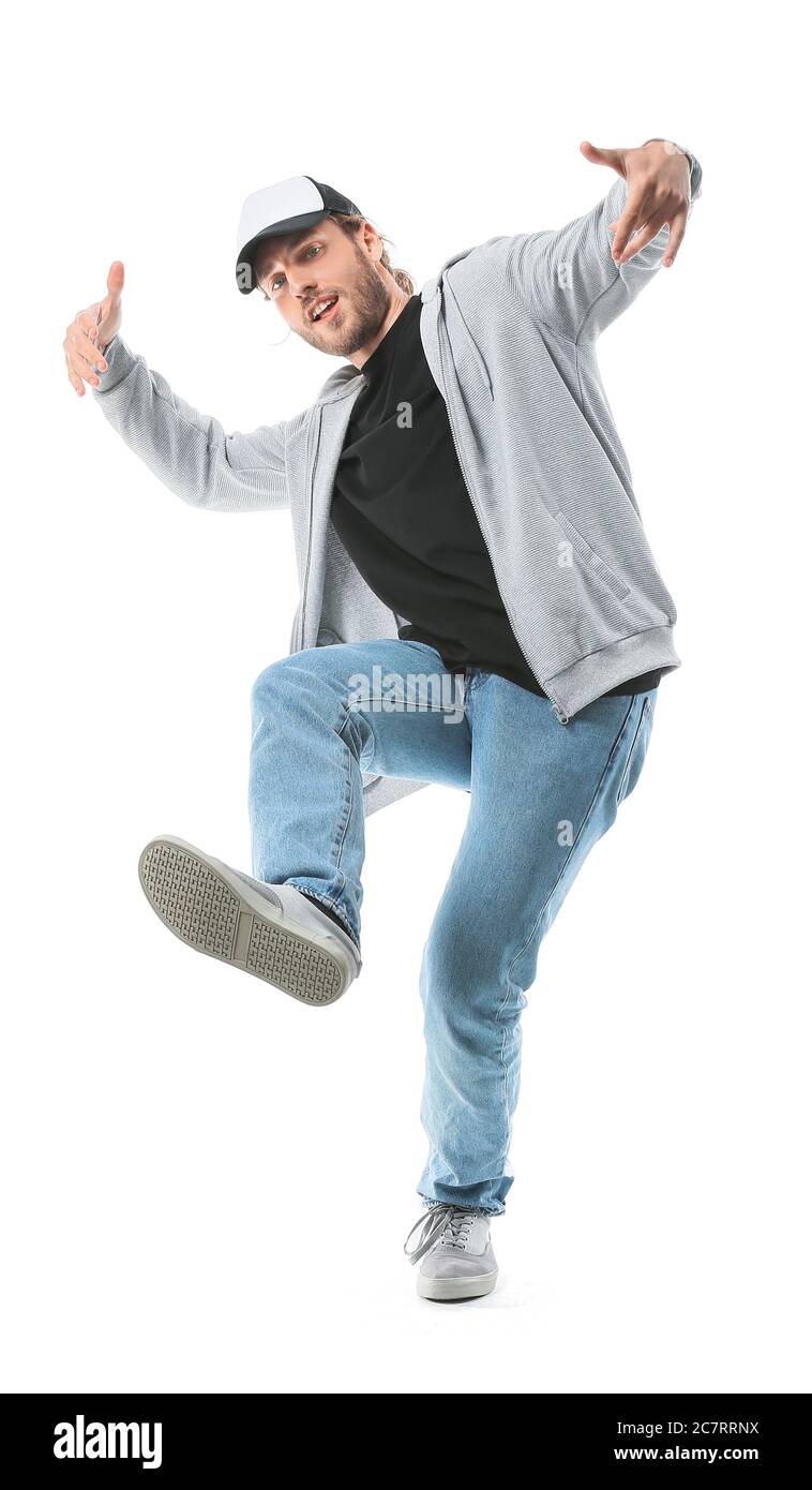 Male hip-hop dancer on white background Stock Photo - Alamy