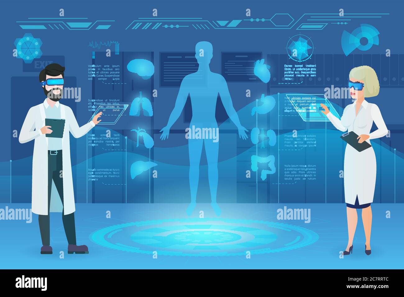 Doctors working in augmented reality flat vector illustration ...