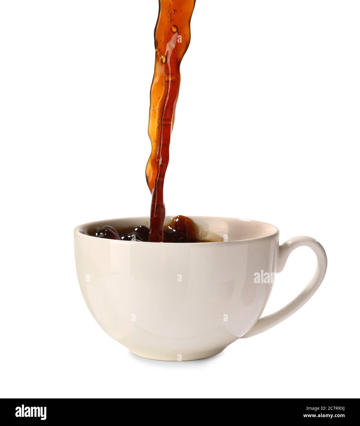 Pouring of hot coffee in cup on white background Stock Photo - Alamy