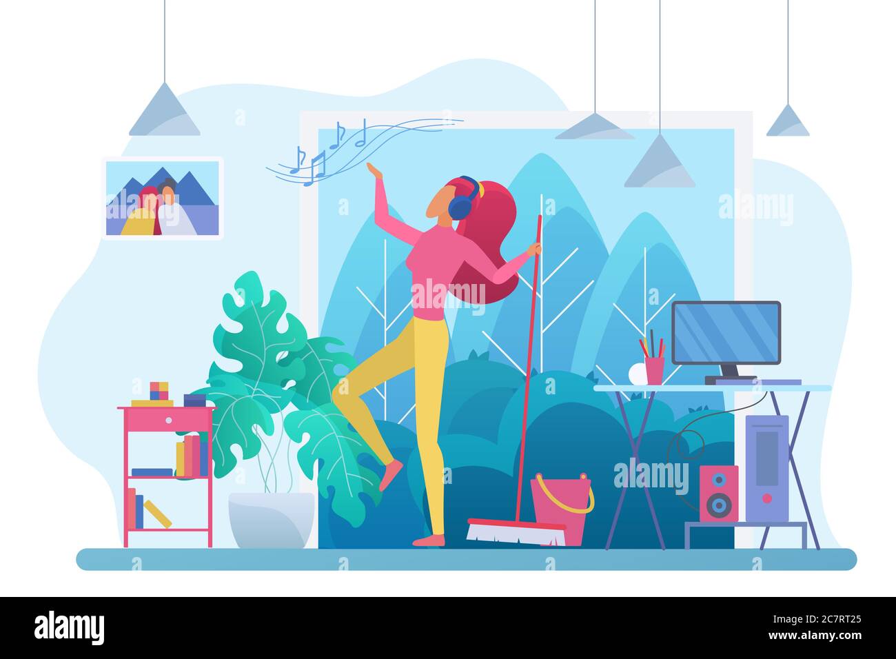 Room cleaning with music flat vector illustration. Young woman ...