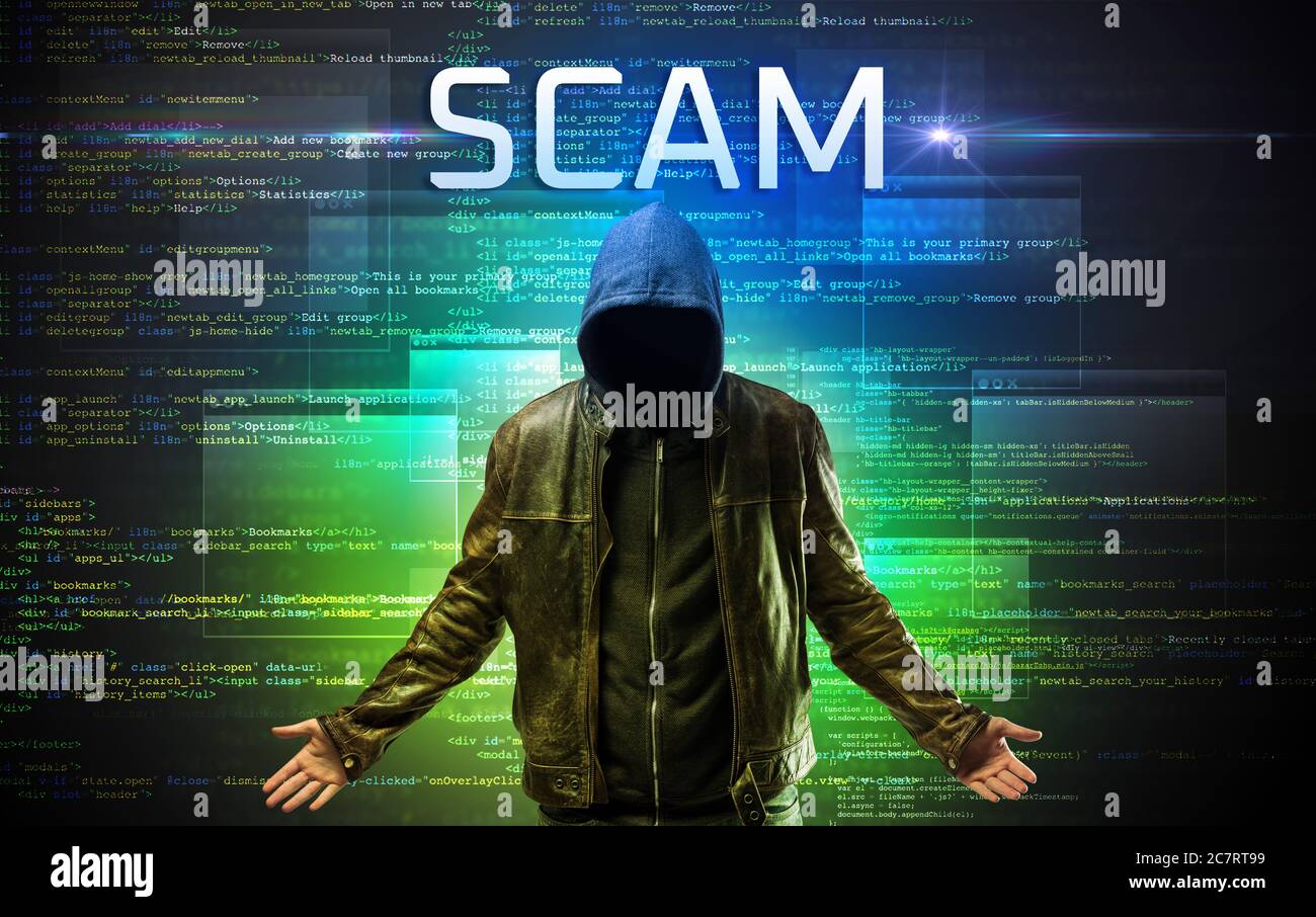 Faceless Hacker With Scam Inscription On A Binary Code Background Stock