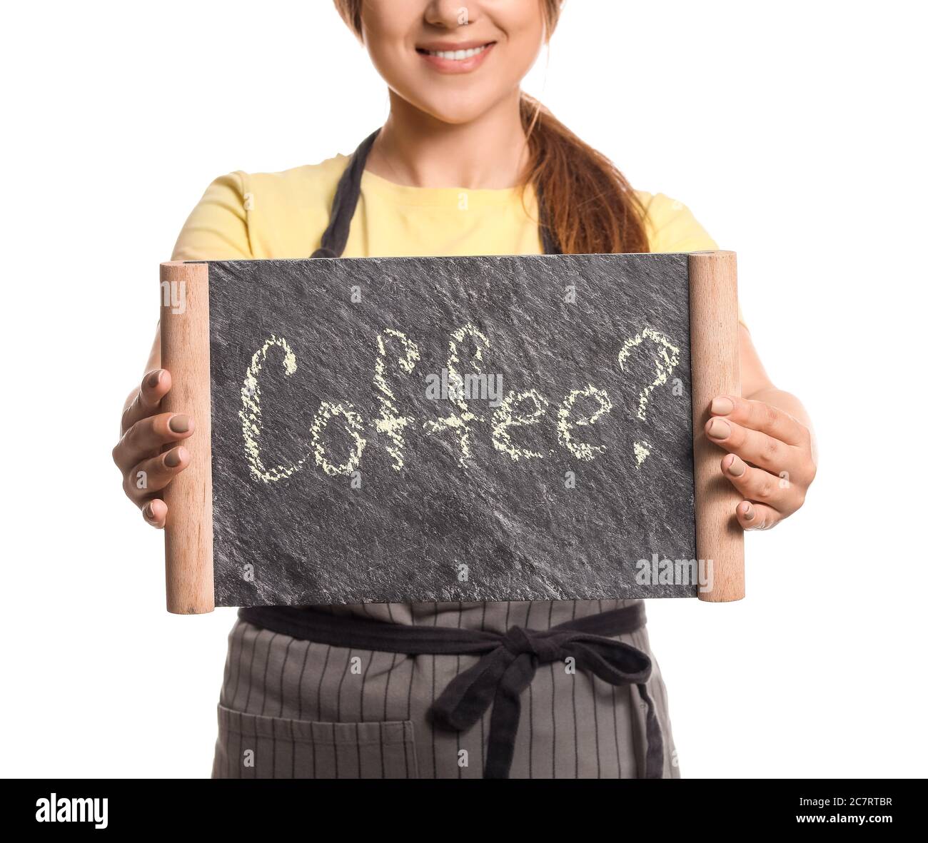 Female barista with chalkboard on white background Stock Photo - Alamy