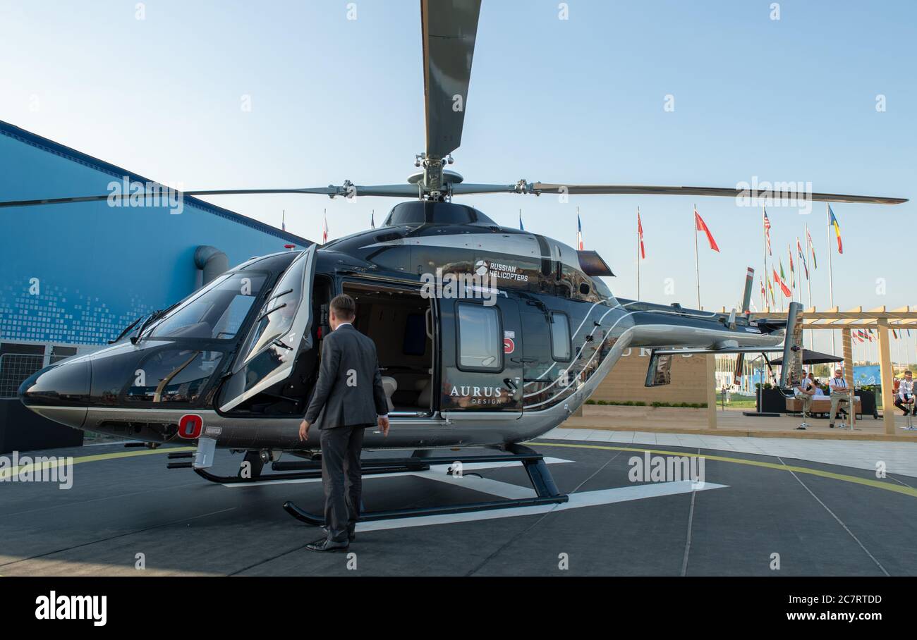 August 30, 2019 Zhukovsky, Russia. The Ansat helicopter in the Aurus ...