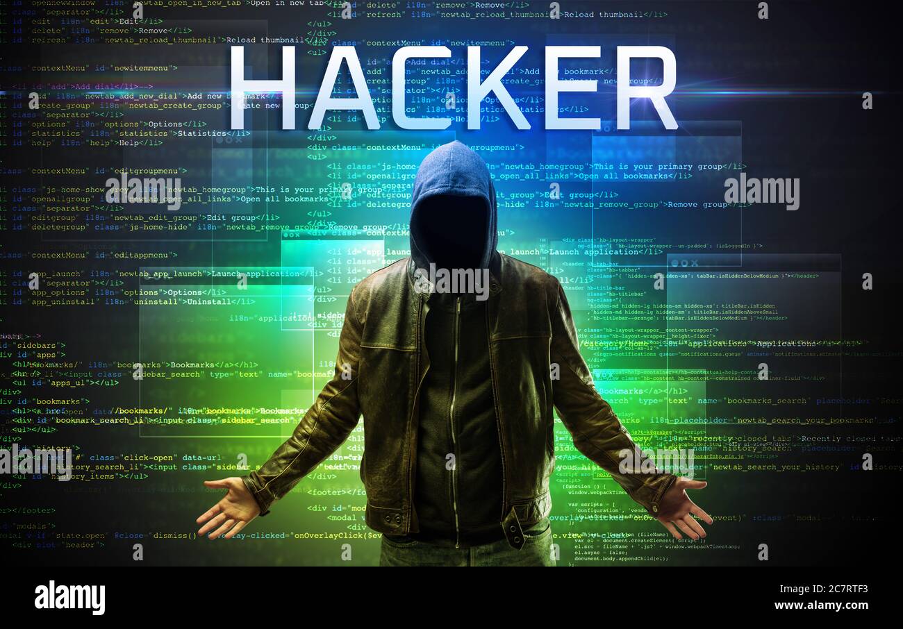 Faceless hacker with HACKER inscription on a binary code background ...