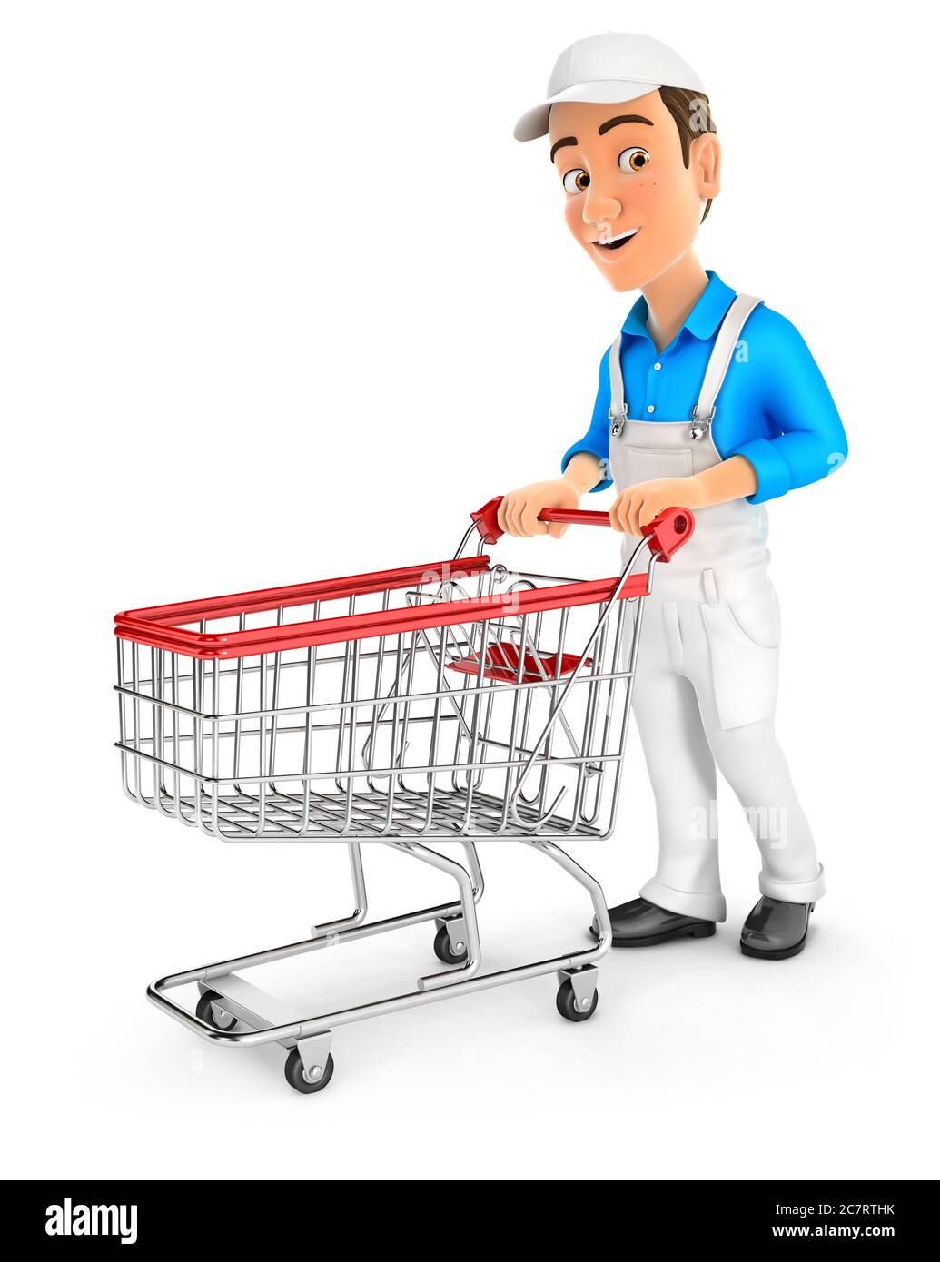 3d painter pushing supermarket trolley, illustration with isolated ...