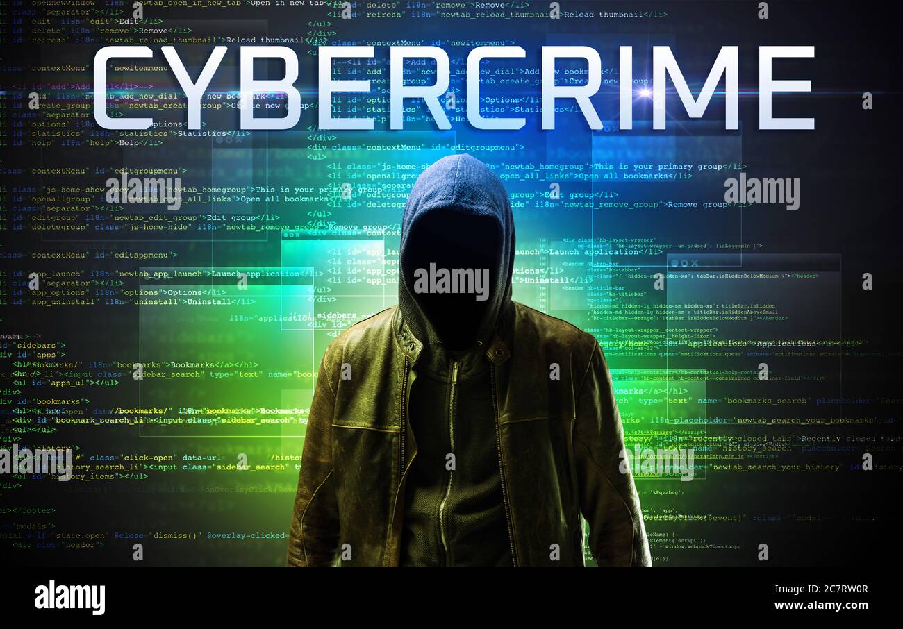 Faceless Hacker With Cybercrime Inscription On A Binary Code Background