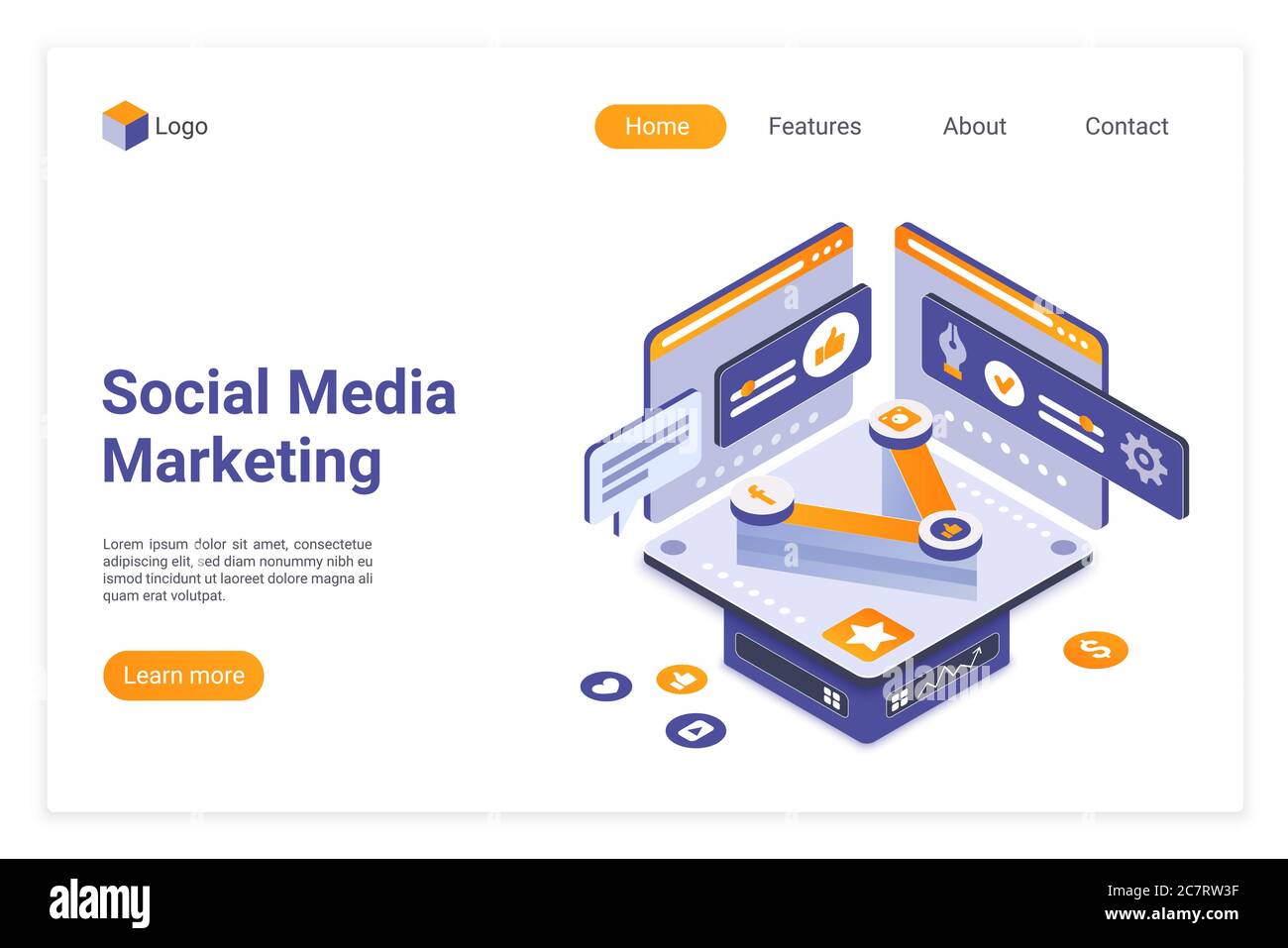 Social media marketing isometric landing page vector template. SMM ...