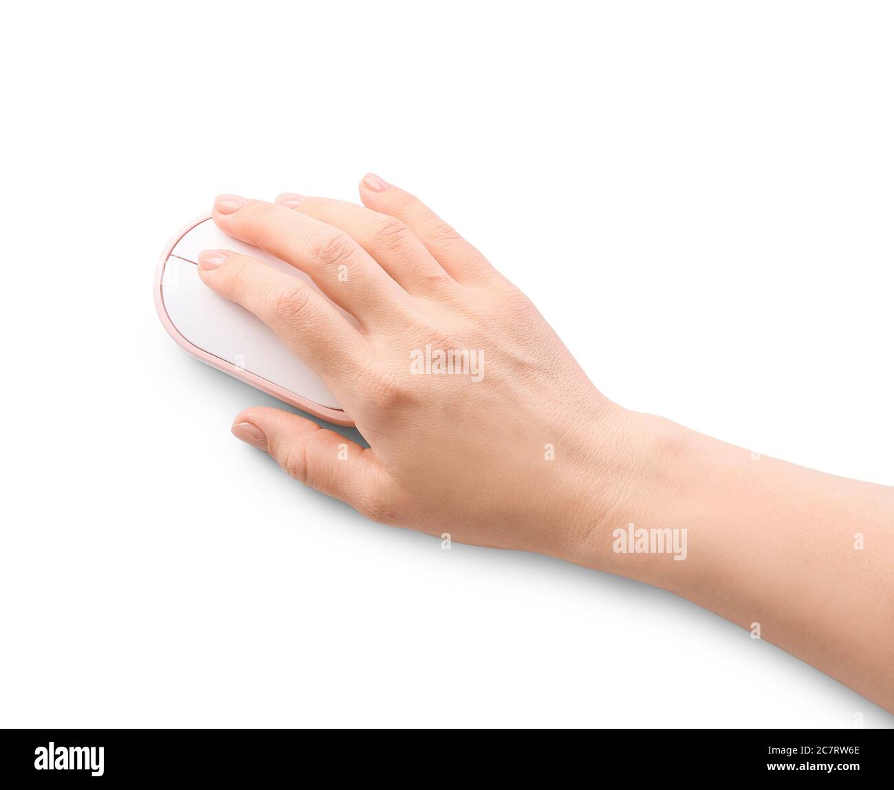 Female hand with modern computer mouse on white background Stock Photo ...