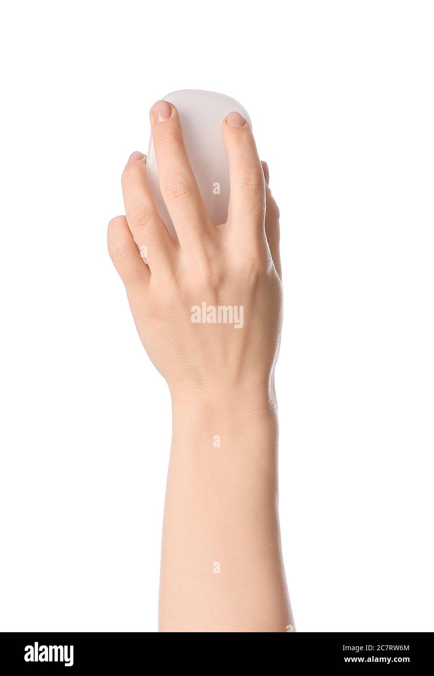 Female hand with modern computer mouse on white background Stock Photo ...