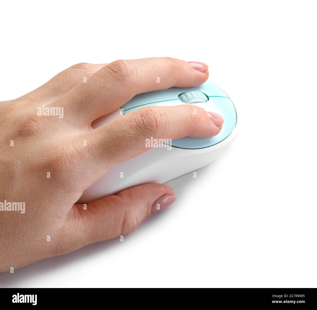 Female hand with modern computer mouse on white background Stock Photo ...