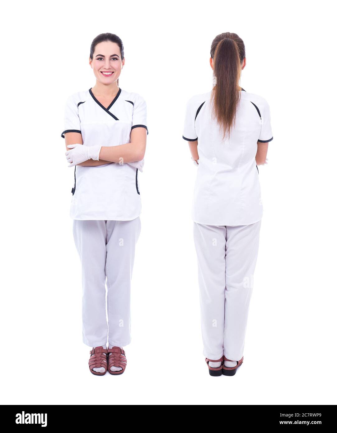 front and back view of female doctor isolated on white background Stock ...