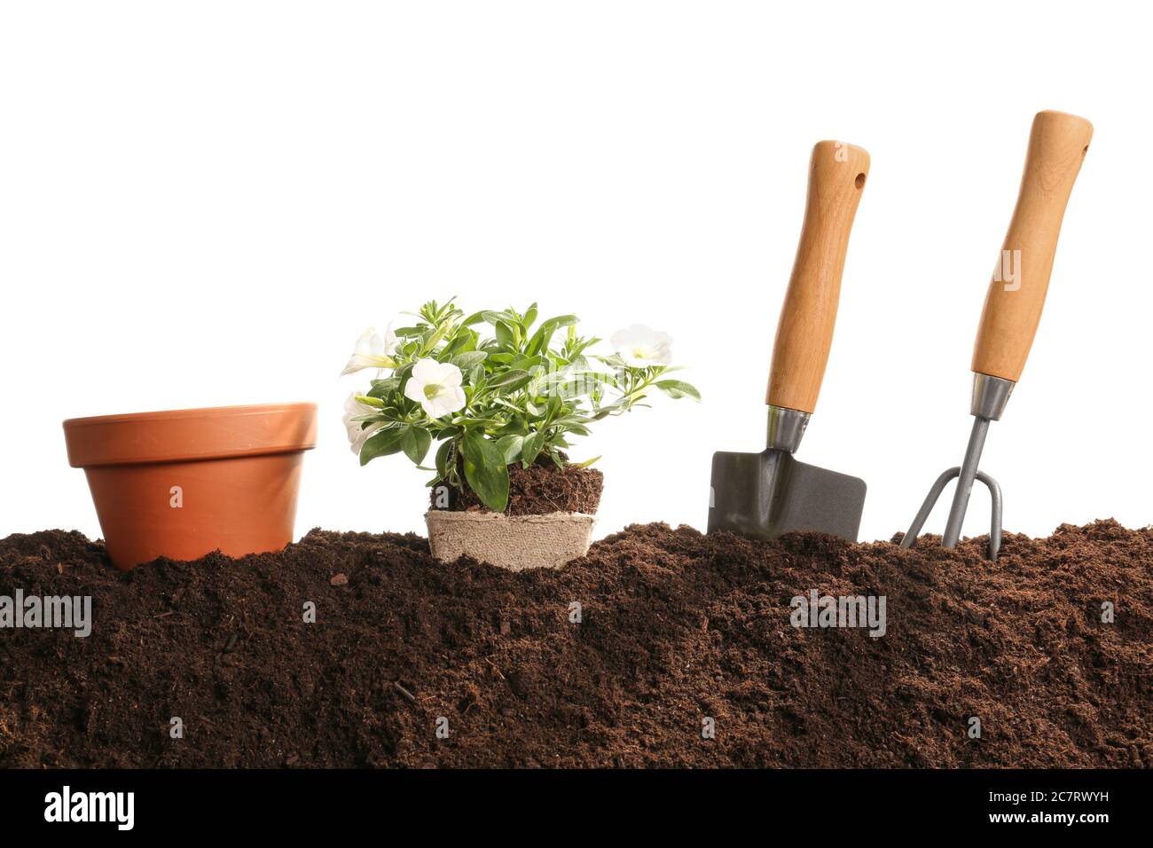 Soil and gardening tools on white background Stock Photo - Alamy