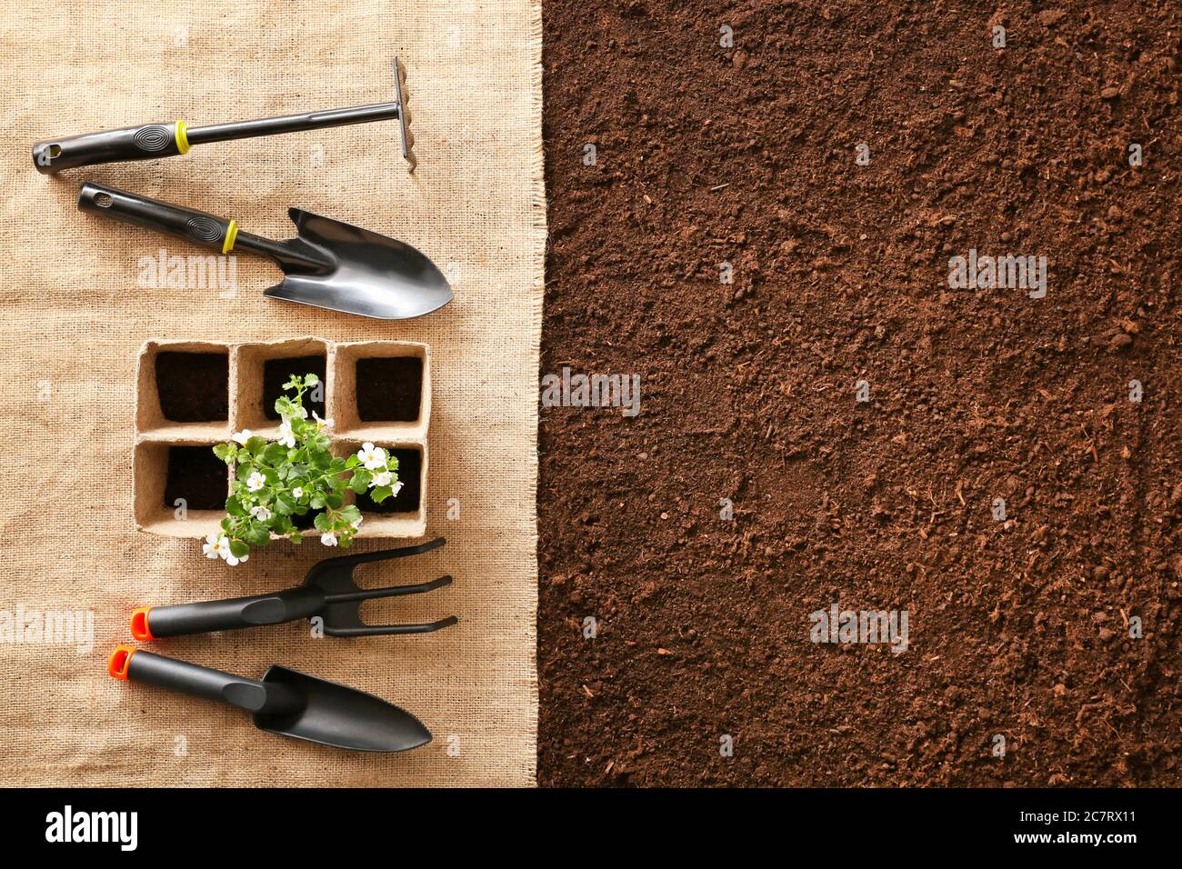 Set of gardening tools on soil Stock Photo - Alamy