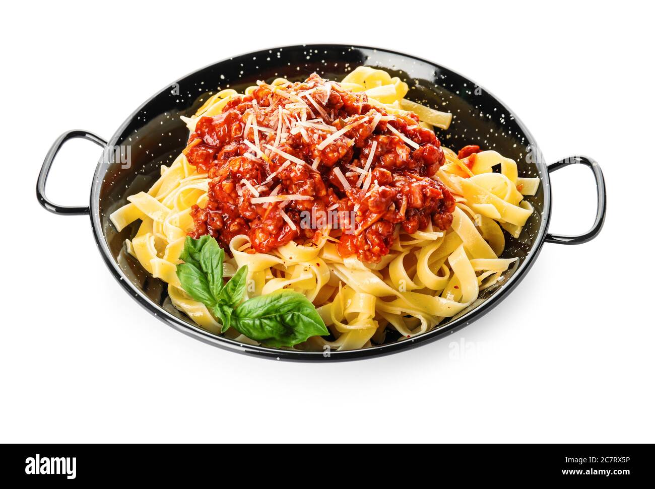 Frying pan with tasty pasta bolognese on white background Stock Photo ...