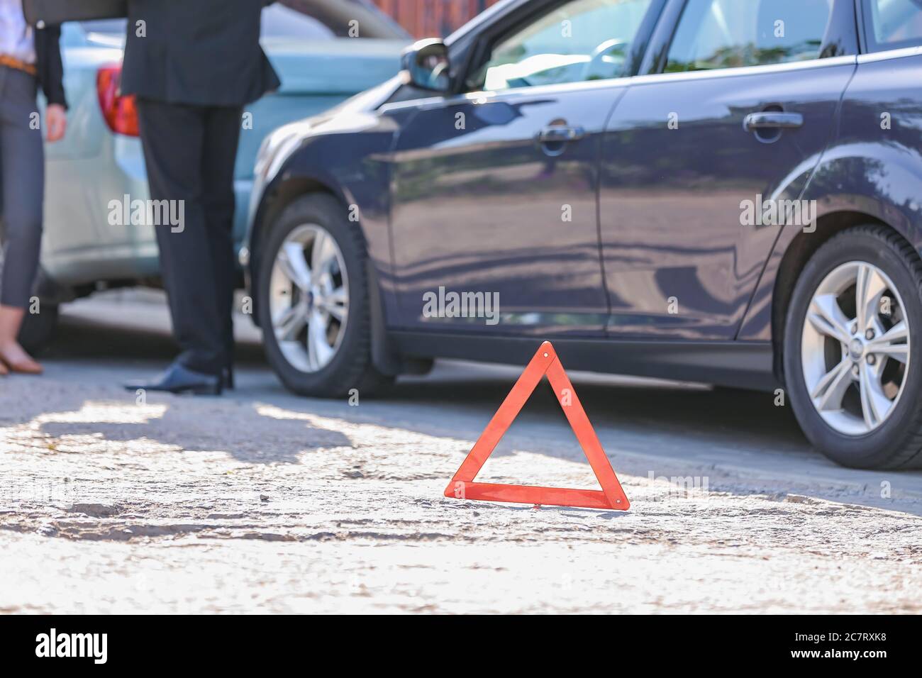 Emergency stop sign near broken cars after accident on road Stock Photo ...