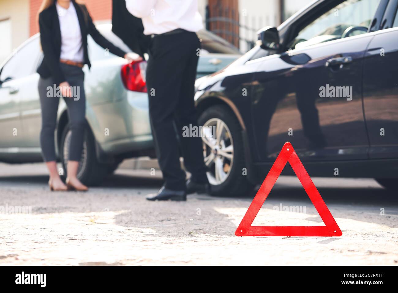 Emergency stop sign near broken cars after accident on road Stock Photo ...