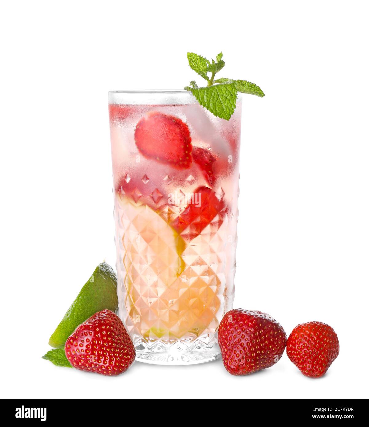 Glass of fresh strawberry lemonade on white background Stock Photo - Alamy