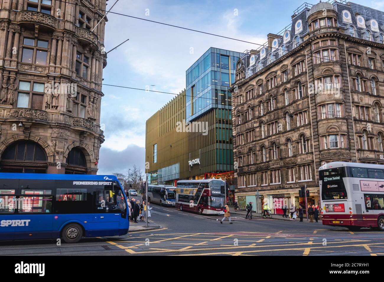 Buses on Princess Street in New Town district of Edinburgh, the capital ...