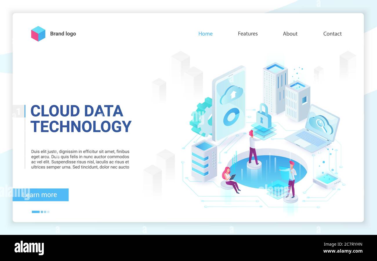 Cloud Data Technology Soft Light Landing Page Isometric Vector Template