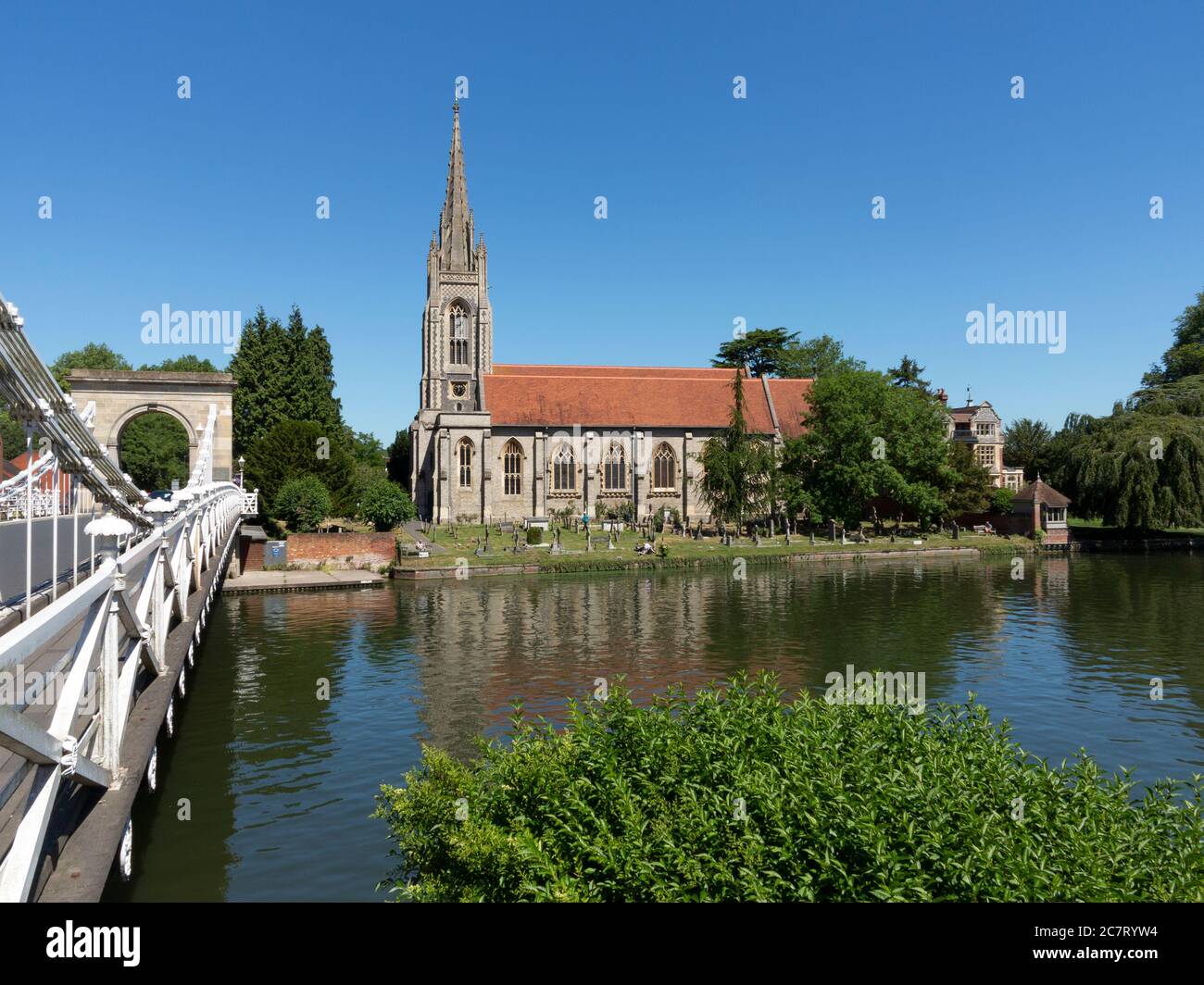 All Saints Church next to Marlow Suspension Bridge Stock Photo - Alamy