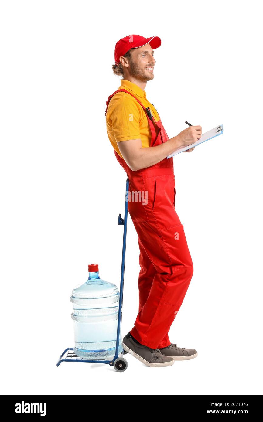 Delivery man with bottle of water on white background Stock Photo - Alamy